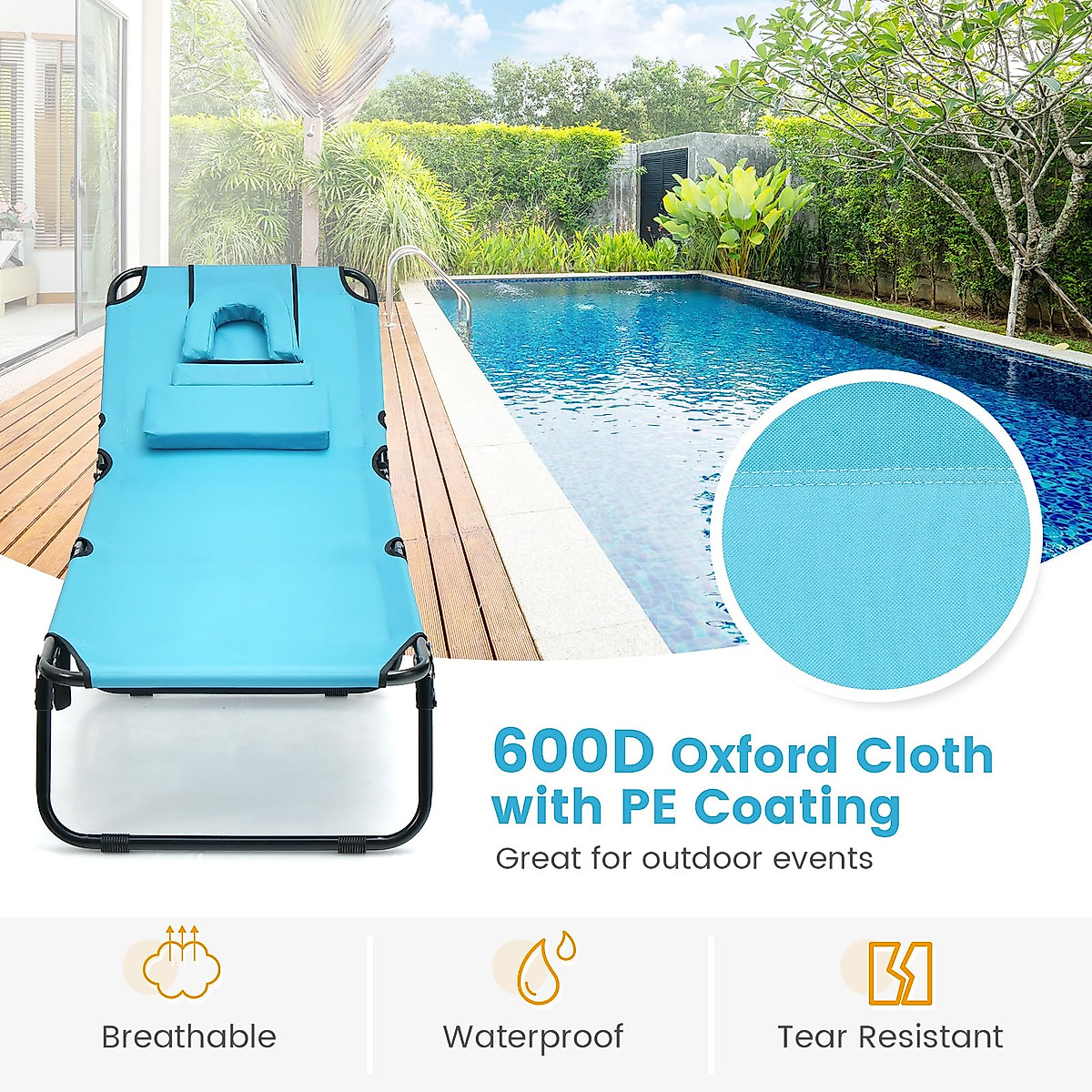 Giantex Chaise Folding Chair Adjustable Beach Patio Lounge Recliner, Turquoise