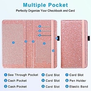 ACdream Checkbook Cover, Leather RFID Blocking Check Book Wallet, Protective Premium Business and Personal Duplicate Checks Holder, with Credit Card Slot for Women Men, Glitter Rose Gold