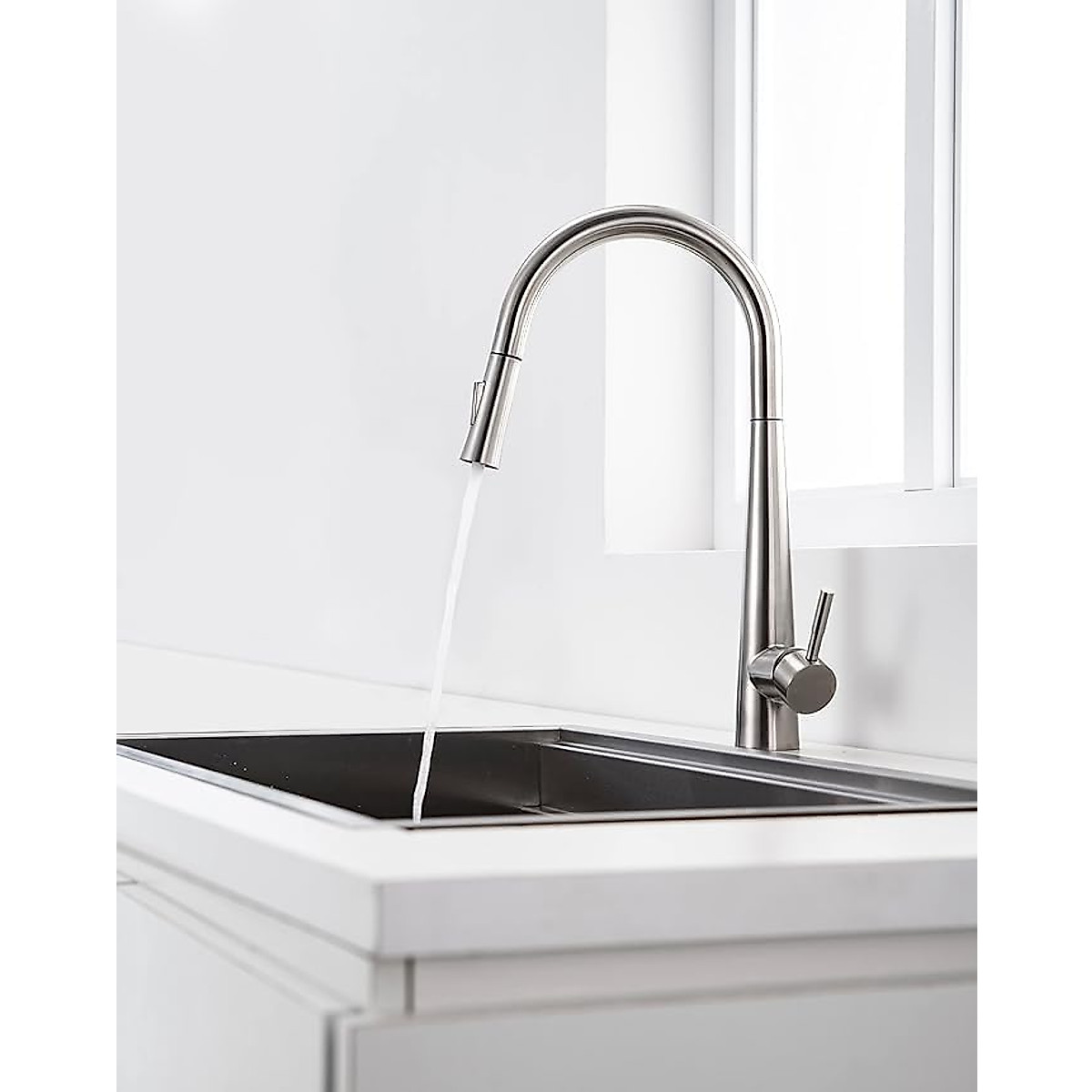 Elegant Slimmed Pull-Out Kitchen Faucet of 18" Height for Island & Laundry Sink with 360° Rotating Spout, Rust-Resistant, Single Lever and Lead-Free (Chrome)