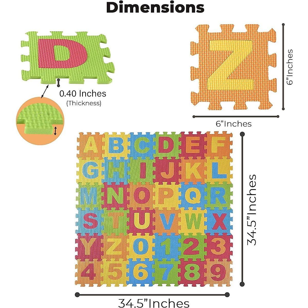 DIMPLE Kids Foam Play Mat (72 Pieces Total) 6.25 x 6.25 Inches Interlocking Alphabet and Numbers Floor Puzzle Colorful EVA Tiles Girls, Boys Soft, Reusable, Easy to Clean (2 Pack of 36)