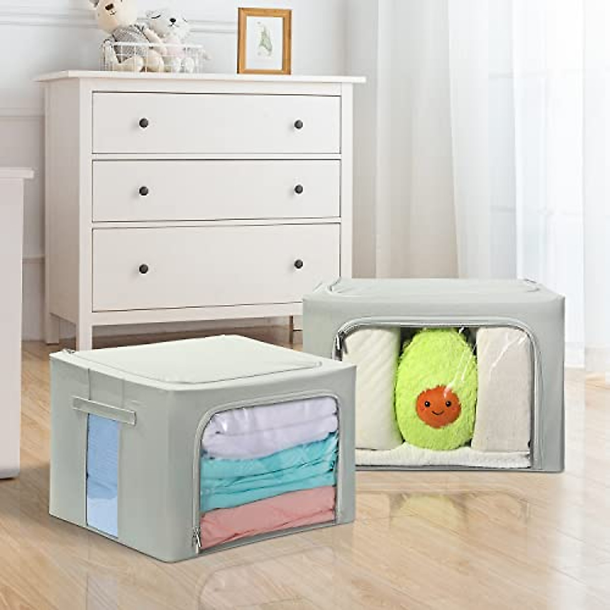 HOUSE AGAIN 3Pcs Clothes Storage Bins, Stackable Shelf Bags/Boxes, Closet Organizers and Storage, Metal Frame Clear Front and Durable Zipper, Bedding, Blankets, Grey(36L)