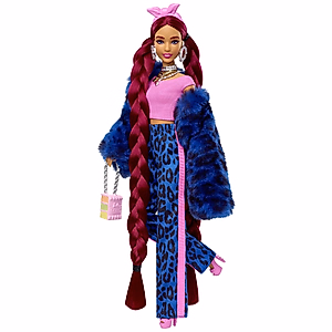 Barbie Extra Doll and Accessories with Burgundy Braids Dressed in Furry Jacket with Pet Puppy