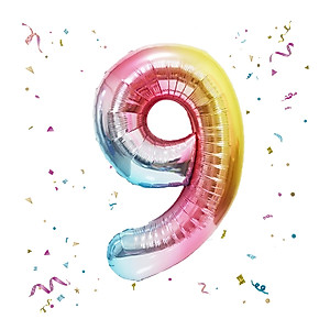 40 Inch Giant Rainbow Number 9 Balloons, Birthday Balloons, Helium Mylar Foil Big Number Balloons for Birthday Party Decorations, Kids' Birthday Anniversary Party Baby Shower Unicorn Parties