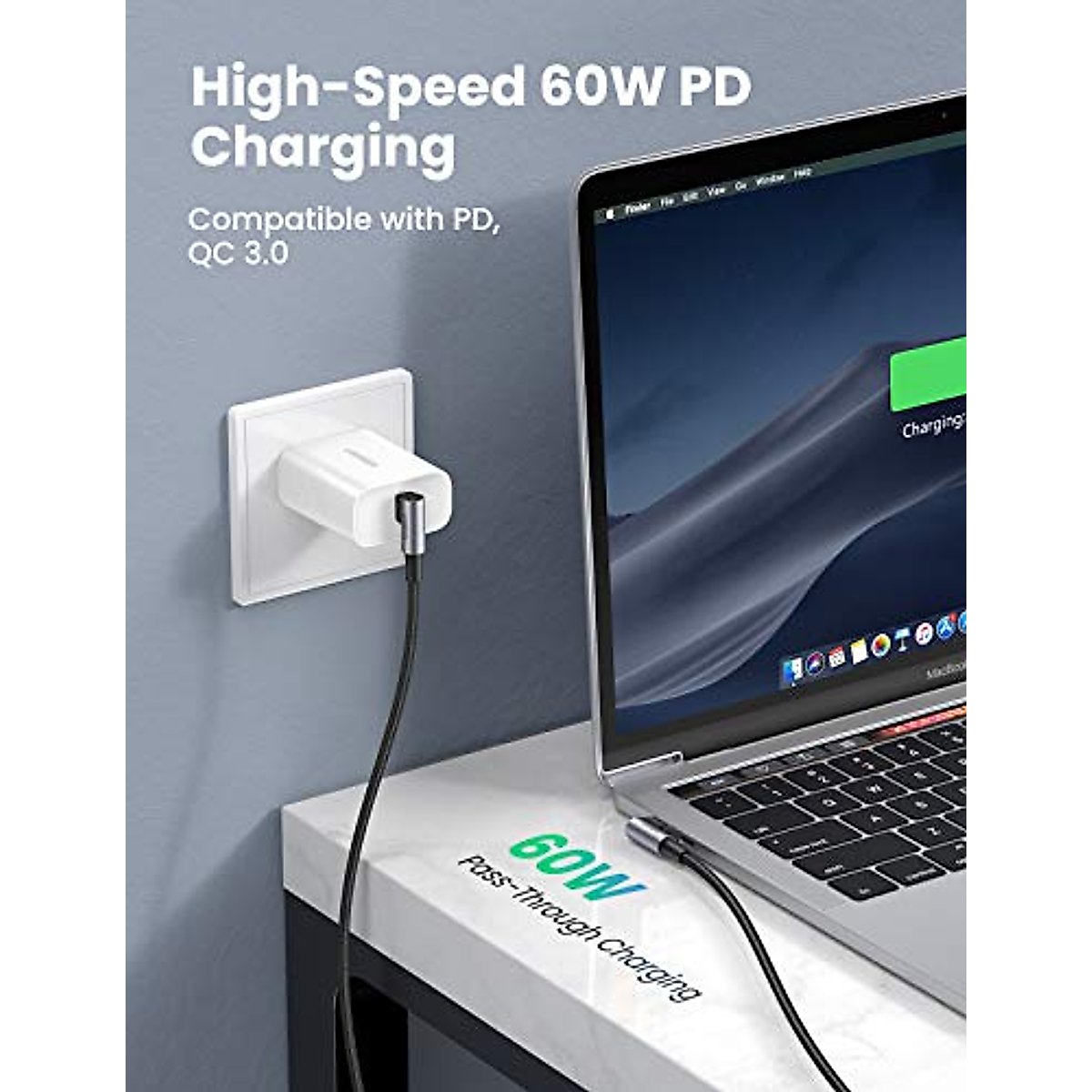UGREEN Type C to Type C Cable 60W USB C Charger Cable 90 Degree Compatible with with MacBook Pro 2022, iPad Pro 2022, Samsung Galaxy S23/S22/Z Fold/Z Flip, Google Pixel 7/6a, Switch, etc. 3.3FT
