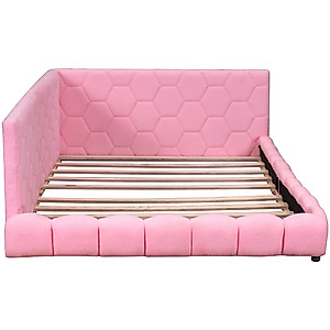 QVUUOU Upholstered Platform Bed Daybed with USB Ports and LED Lights Belt, Full Size Wood Bed Frame for Bedroom Furniture, Teddy Upholstered Bed Multifunctional Bed Floor Bed Grounded Bed (Pink)