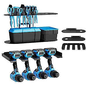 yamagahome Power Tool Organizer, 3-In-1 Cordless Drill Storage Shelf with 4 Drill Holders, Wall Mounted Power Tool Rack Corner Design, Heavy Duty Utility Rack for Garage, Workshop, Home