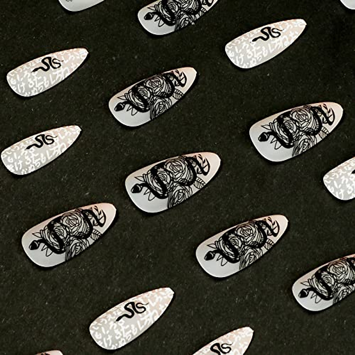 IMSOHOT Matte Long Press on Nails Almond Stiletto Snake Fake Nails Full Cover Black False Nails with Designs White Glue on Nails Acrylic Nails for Women