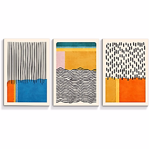 Adyggefy Abstract Color Blocks Geometric Canvas Wall Art - 3 Piece Colorful Minimalist Line Print Poster - Modern Contemporary Minimal Linear Painting Decor for Living Room Bedroom 12x16in Unframed