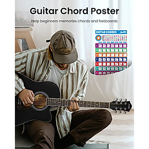 Moukey 41" Acoustic Guitar for Beginners Adult Teen Full Size Guitarra Acustica with Chord Poster, Gig Bag, Tuner,Steel Strings, Capo, Strap - Black