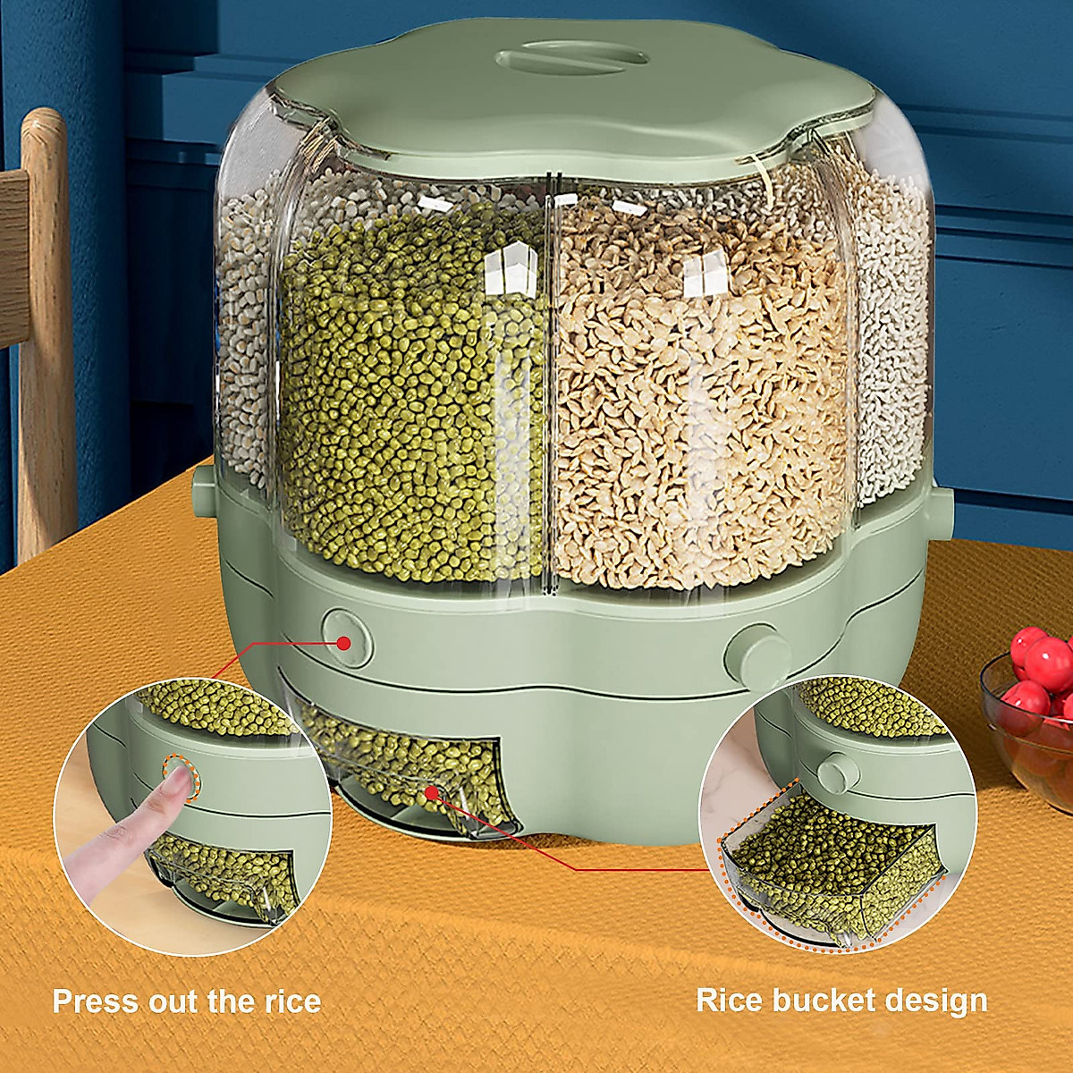 AHOUGER Cereal Dispenser Grain Dispenser Lentil Dispenser Upgrade 360° Rotating Food Dispenser with Lid Moisture Resistant Household, Dispenser Container for All Beans, Barley, Millet, Rice