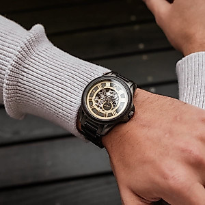 HOLZKERN Navona Men’s Watch, 43mm Gold/Gray Skeleton Dial, Brushed Stainless Steel Strap, Vintage Watch for Men