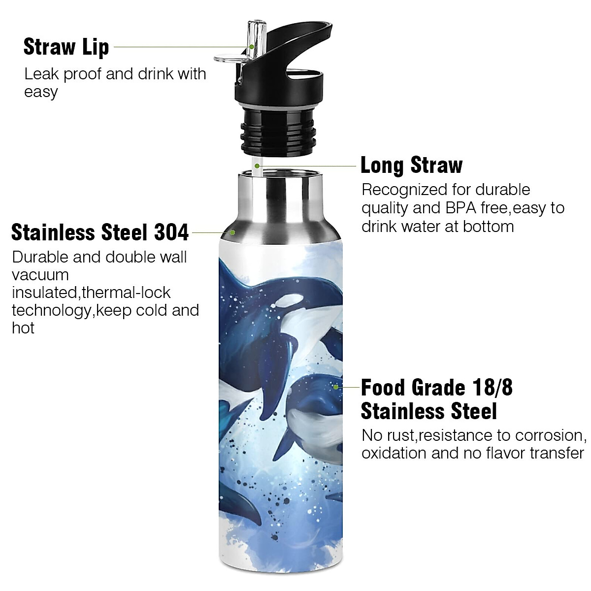 TropicalLife Insulated Water Bottle Watercolor Ocean Killer Whale Water Bottle with Straw Stainless Steel Bottle Vacuum Insulated Tumblers for School Sports