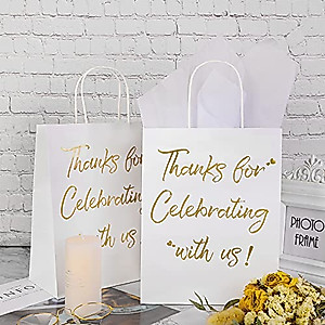 Cooraby 24 Pack White Kraft Paper Bags with Handles Thanks for Celebrating with Us Bags Party Favor Bags Medium Gift Bags Party Favor Bags with Tissue Papers for Birthday, Wedding, Baby Shower