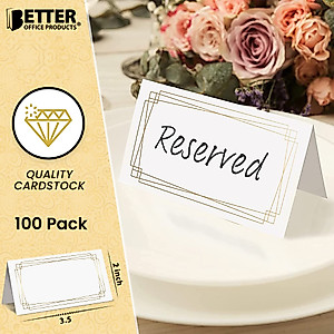 Better Office Products 100 Pack Place Cards, 2 x 3.5 in, White with Modern Metallic Gold Geometric Border, Folded Table Tent Cards for Weddings, Dinner Parties, Buffet Banquets,(100 Count)
