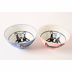 Mino ware Japanese Pottery Pair Rice Bowl French Bulldog Blue & Pink made in Japan (Japan Import) MIG007