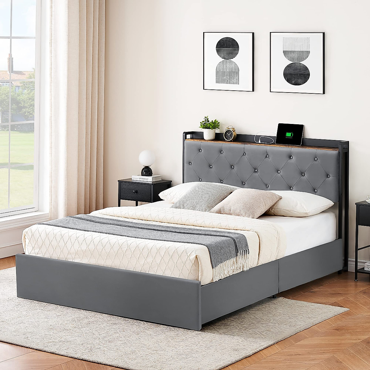 Amyove Queen Bed Frame with 4 Storage Drawers and Charging Station, Grey Queen Upholstered Bed Frame with Storage Headboard, No Box Spring Needed, Noise-Free Easy Assembly (Queen)
