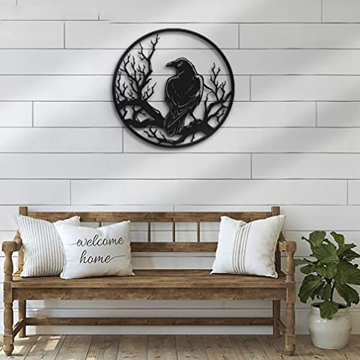 Raven Metal Wall Art with LED Light Crow Moon Sign Home Decor Black Horror Bird Decoration Man Cave Hanging Door Housewarming Halloween