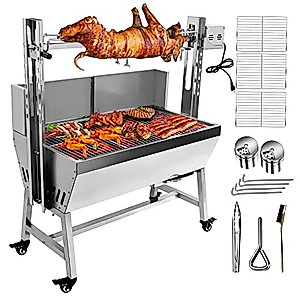 KODOM 132LBS Stainless Steel Rotisserie Grill with Back Cover Guard, 25W Motor Small Pig Lamb Rotisserie Roaster, 37 Inch BBQ Charcoal Rotisserie Roaster Grill for Camping Outdoor Kitchen