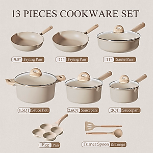 CAROTE 13pcs Pots and Pans Set Non Stick, Nonstick Kitchen Cookware Sets, Granite Pots Set, Kitchen Induction Pots and Pans Cooking Sets, Taupe