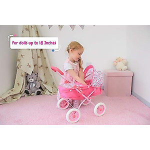 KOOKAMUNGA KIDS Baby Doll Stroller - Realistic 2 in 1 Baby Stroller for Dolls w/Detachable Bassinet – Toy Pram w/Carry Cot, Retractable Canopy & Soft Grip Handle - for Dolls up to 18" - Pink