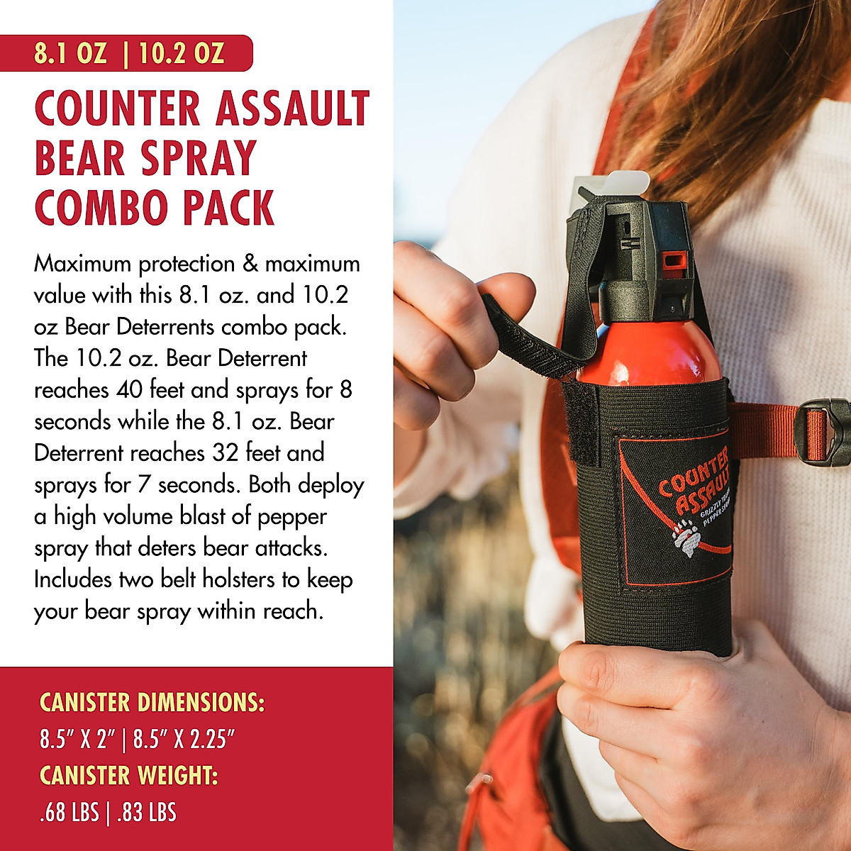 Counter Assault Bear Spray Combo - 2% Capsaicin Bear Deterrent with 2 Holsters - Pepper Spray for Hiking, Camping, Hunting & More - 8.1 oz & 10.2 oz