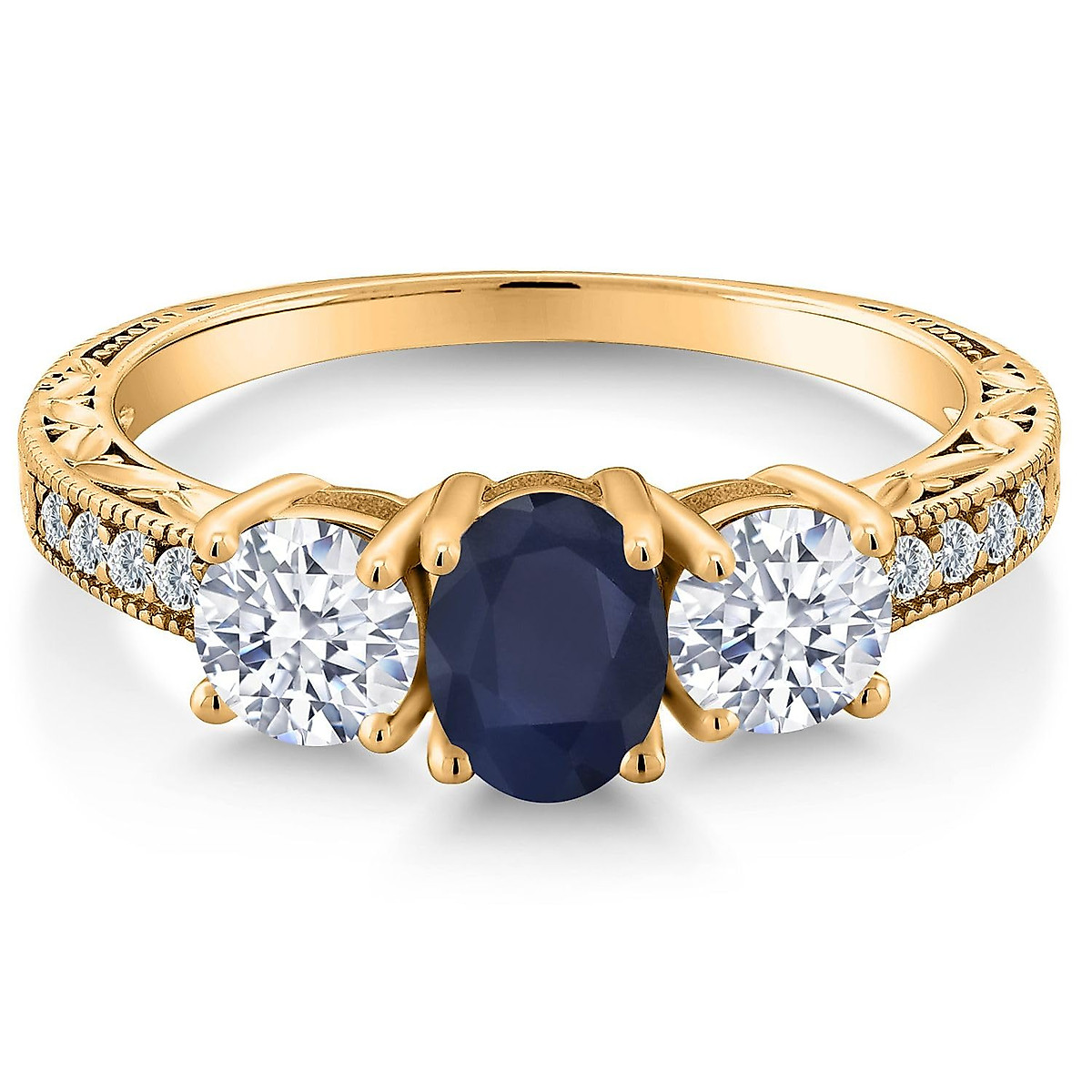 Gem Stone King 18K Yellow Gold Plated Silver Blue Sapphire Engagement Ring | 3-Stone Ring For Women | 2.64 Cttw | Oval 7X5MM | Available In Size 5, 6, 7, 8, 9