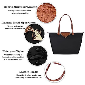 Tote Bag for Women, Large Lightweight Nylon Shoulder Handbags And Travel Work Purse, Foldable With Zipper Top Handle (Black)