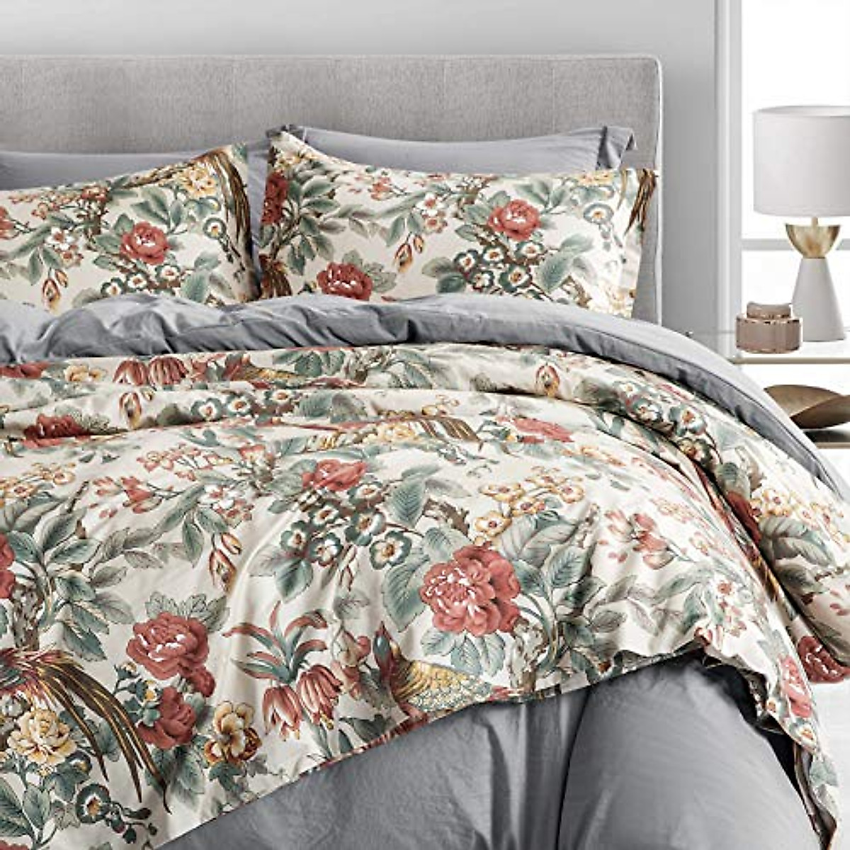 Eikei Home Chinoiserie Chic Peacock Floral Duvet Cover Paradise Garden Botanical Bird and Tree Branches Vintage Stylized Long Staple Cotton Bedding Set (Autumn Red, King)