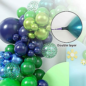 Blue and Green Balloon Garland Kit, Navy Blue Dark Green Balloon Garland Arch Kit with Double Layer Chrome Blue Balloons, Metallic Green Blue Balloons Green Confetti Balloons for Birthday Party Decor