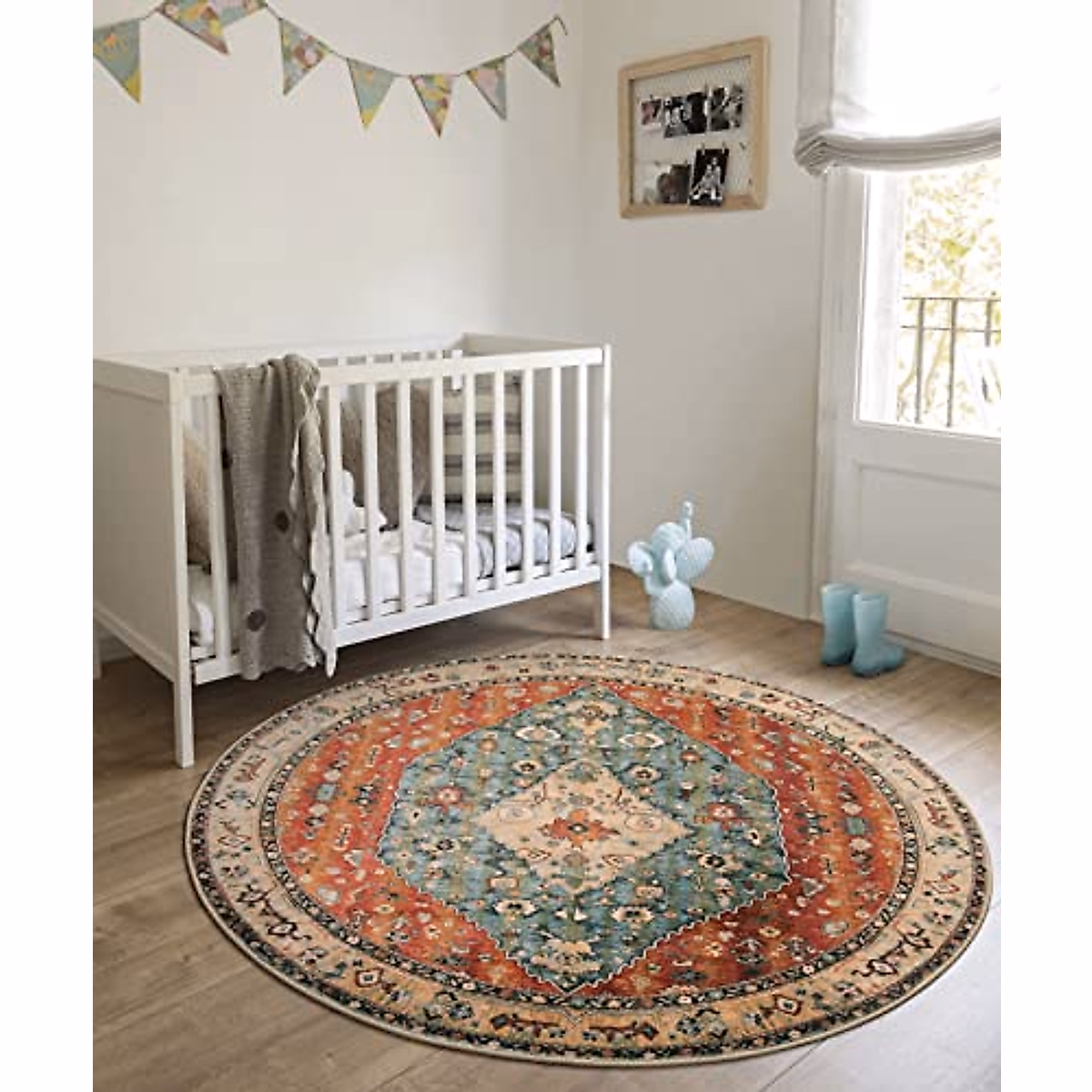 Lahome Boho Tribal Round Rug - 4Ft Persian Soft Bedroom Round Area Rug Entryway Foyer Throw Mat Washable Non-Shedding Non-Slip Sofa Carpet for Nursery Living Dining Room,Rust/Dull Teal