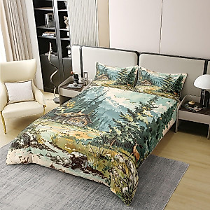 Adventure Cabin Bedding Set Twin Size Farmhouse Lake Life Comforter Cover Watercolor Mountain Trees Bed Set Natural Scenery 100% Cotton Duvet Cover with 1 Pillowcase