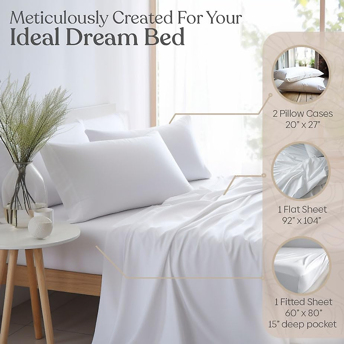 Queen Size White Color Flat and Fitted Sheet Set of 4 | Haus and Kinder 400 TC Hotel Luxury Breathable Bedding Sheets | 100% Long Staple Cotton, Sateen Weave Bed Sheets (Queen, White)