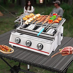 3 Burner Gas Tabletop Griddle, Commercial Gas BBQ Grill 2800Pa Stainless Steel Gas Grill for Outdoor Camping Party Tailgating (3-Burner)