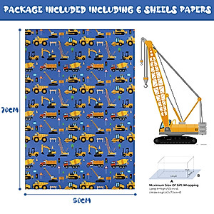 Birthday Wrapping Paper Construction Design 6 Sheets,Road Under Construction Excavator Tractor Dump Truck Wrapping Paper for Kids Boys,Folded Flat 20x28 inches per Sheet for Birthday Baby Showers