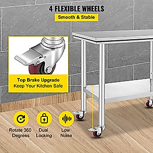 Mophorn Stainless Steel Work Table 36x24 Inch with 4 Wheels Commercial Food Prep Worktable with Casters Heavy Duty Work Table for Commercial Kitchen Restaurant