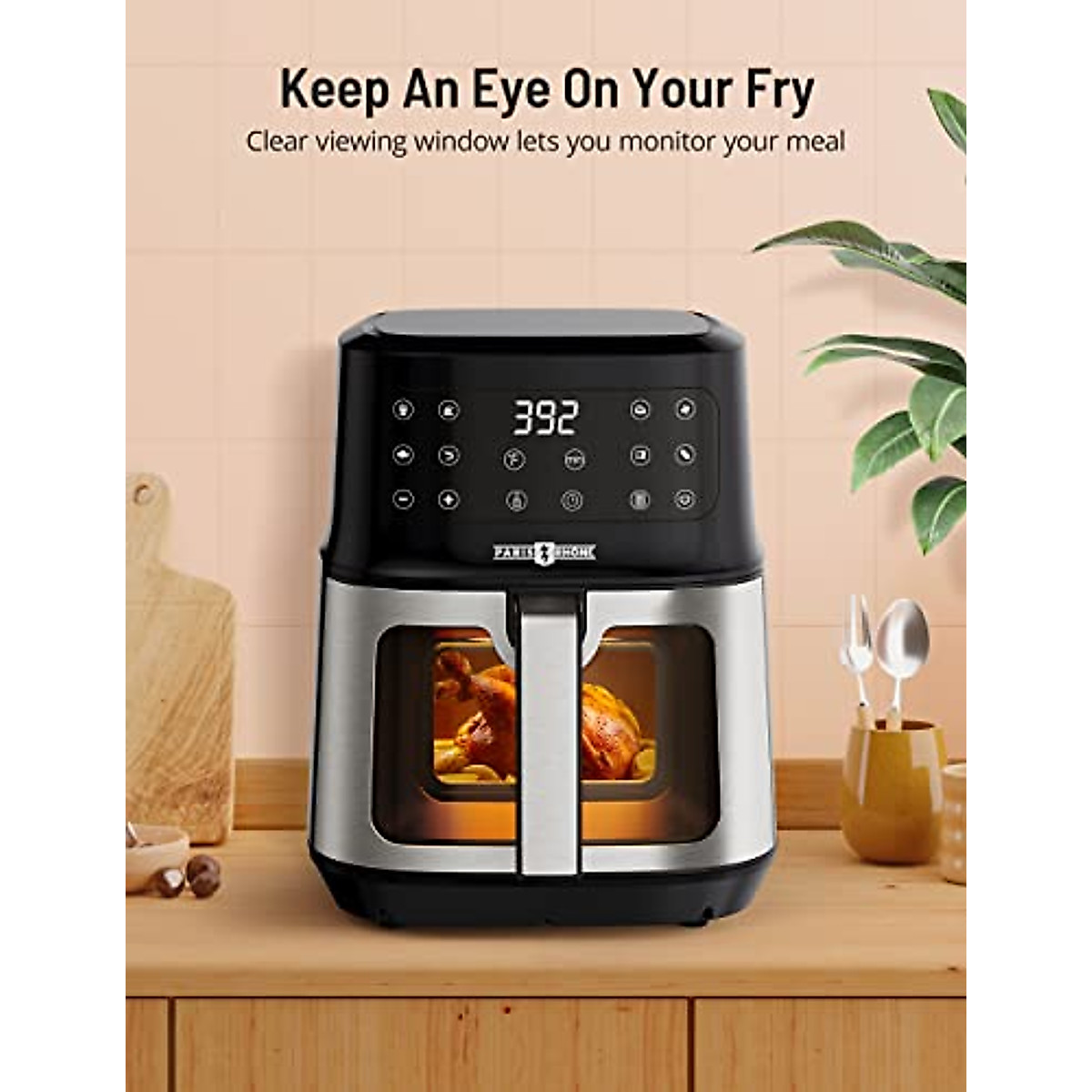 Air Fryer, PARIS RHÔNE 5.3 QT with Viewing Window & Ceramic Coated Non-Stick Basket, Large Air Fryer Oven with 8-in-1 Functions One Touch Control, NO Pre-heating, with Detachable Tray Easy to Clean
