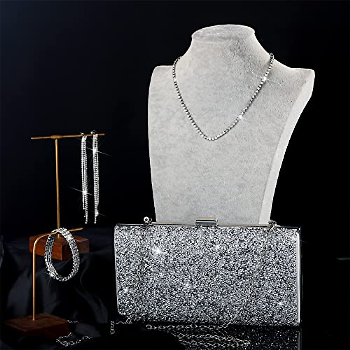 Kigeli 4 Pieces Women Rhinestone Evening Clutch Bag Rhinestone Ear Clip Bridal Wedding Choker Bracelet Dangle Bling Glitter Purse (Silver)