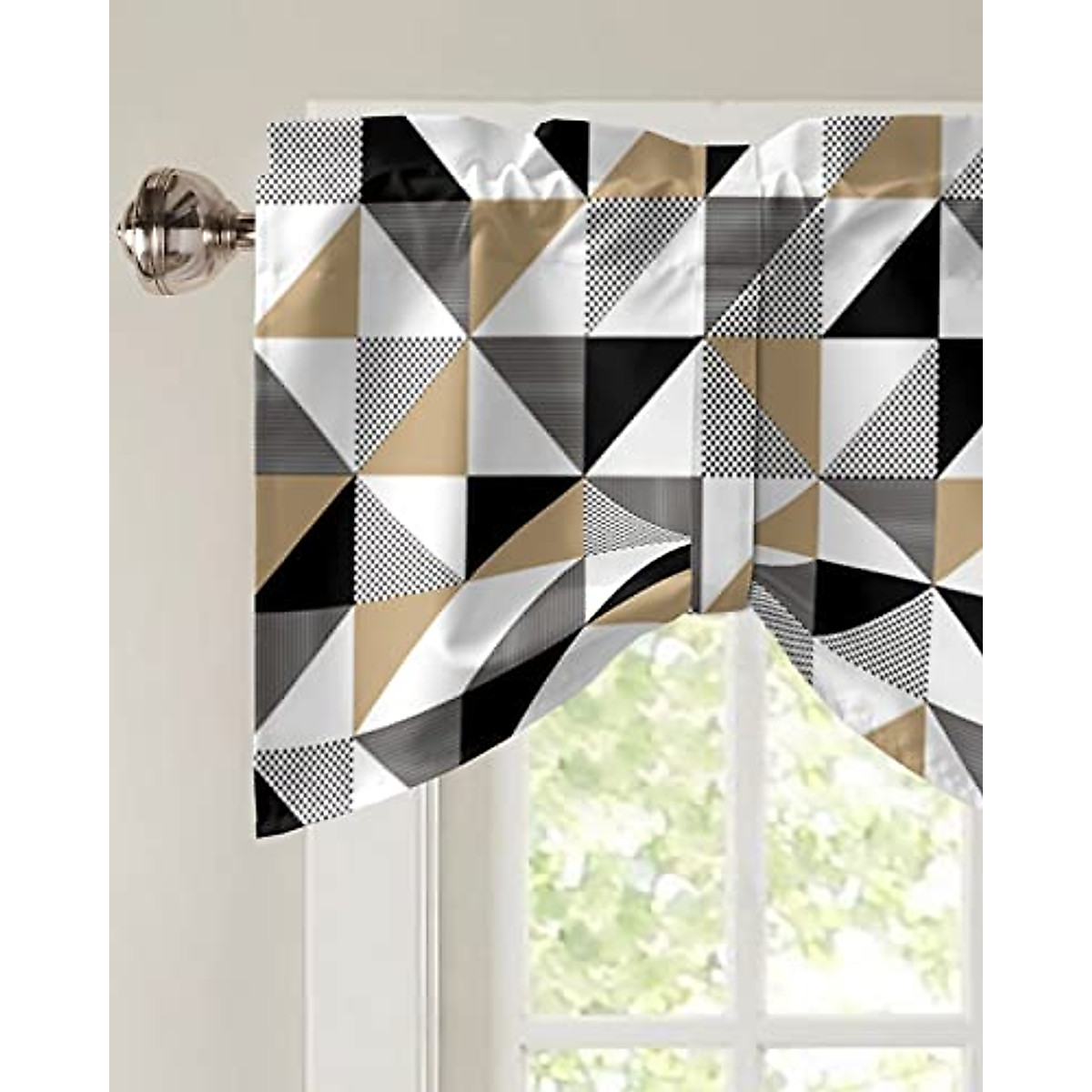 Kitchen Curtains, Simple Black and White Gold Triangle Pattern Valances for Windows, Short Curtains Rod Pocket Bathroom Curtains Window, Kitchen Window Curtains Over Sink, 54x18in Valances for Kitchen