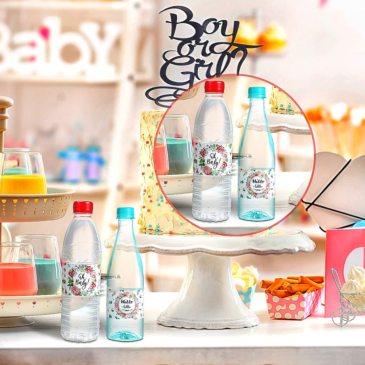 Chinco 48 Pieces Waterproof Baby Shower Water Bottle Labels Pink Water Bottle Wrappers Floral Bottle Labels Unisex Water Bottle Sticker Labels Shower Decorations for Baby Birthday Party, 4 Styles