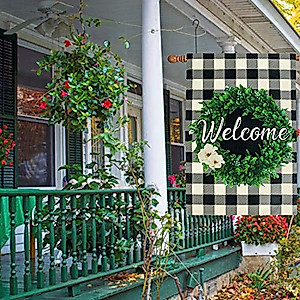 Unves Boxwood Wreath Welcome Spring Flag 28 x 40 Double Sided, Burlap Buffalo Check Plaid Winter House Flags Rustic Farmhouse Spring Winter Yard Garden Decor, Large Welcome Flag