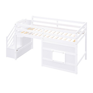 BOVZA Twin Size Low Loft Bed with Storage Staircase and Window, Wooden Low Loft Bed Frame with Stairs Storage for Kids, Teens, Boys, Girls, White