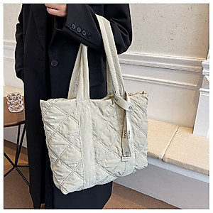 Women Puffer Bag Quilted Puffy Tote Bag Lightweight Cotton Padded Shoulder Bag Trendy Hobo Hippie Down Handbag (Beige)