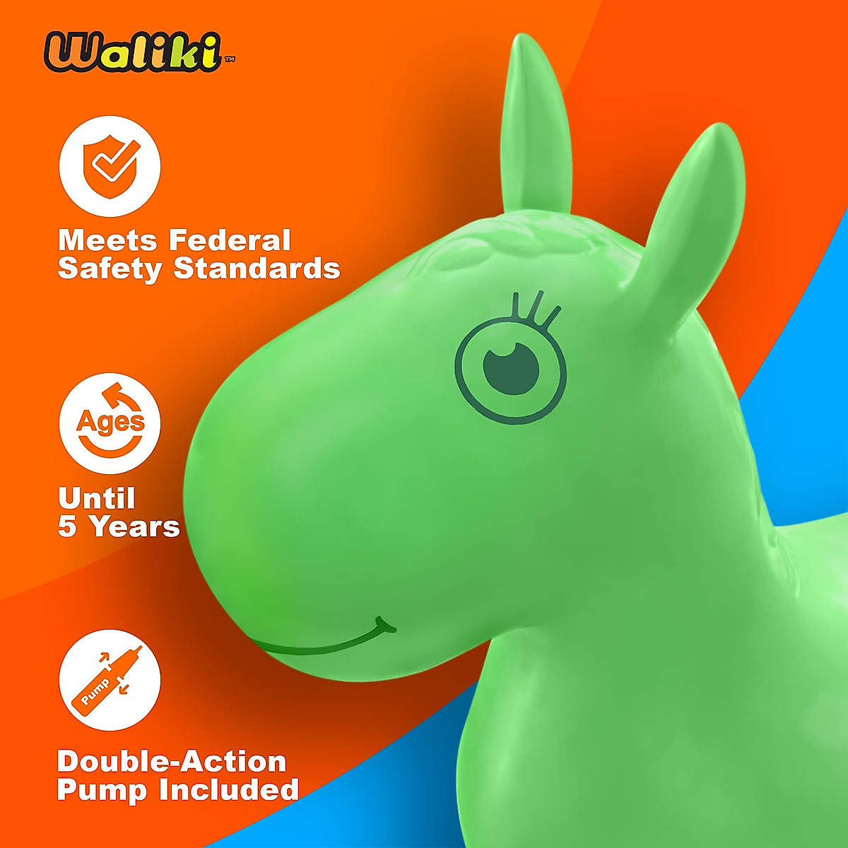 WALIKI Green Bouncy Horse for Kids | Inflatable Hopping Horse Ride-On Toy with Pump for Active Boys Ages 1, 2, and 3 | Balance & Sensory Ride-On Toy