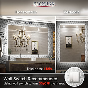 Keonjinn 60 x 40 Inch LED Vanity Mirror Backlit Mirror Bathroom Lighted Mirror Large Anti-Fog Wall Mounted Dimmable Makeup Mirror with Lights (Horizontal/Vertical)