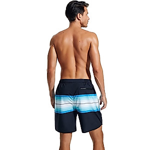 SILKWORLD Mens Swim Trunks 2 in 1 Quick Dry 7 Inch Swimming Shorts with Zipper Pockets, Navy Blue Stripe, Large
