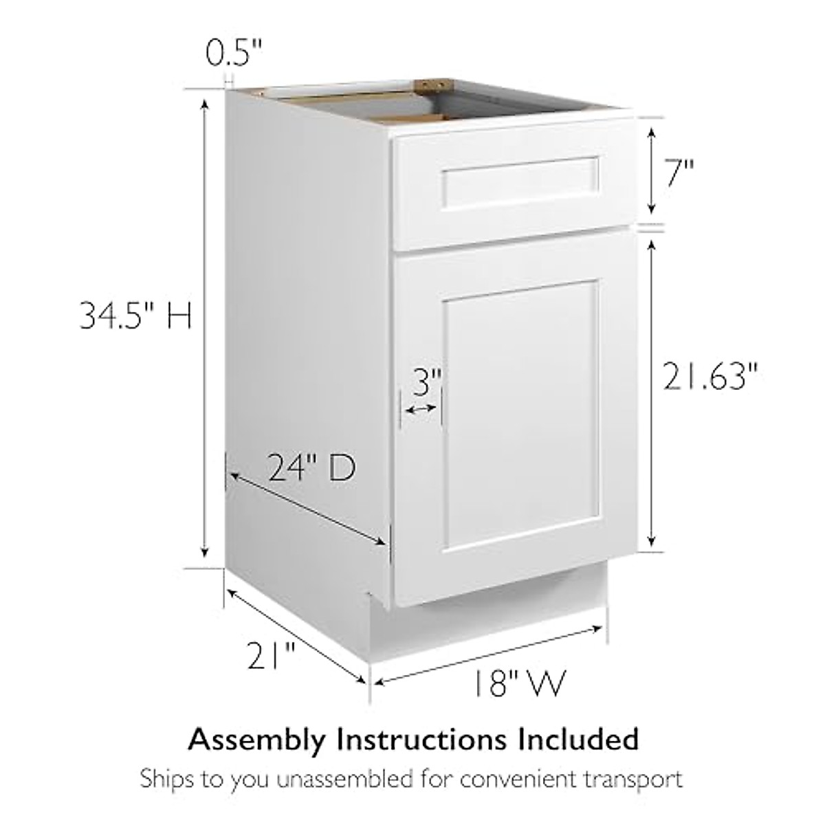 Design House Brookings Unassembled Shaker Base Kitchen Cabinet 18x34.5x24, White, 18
