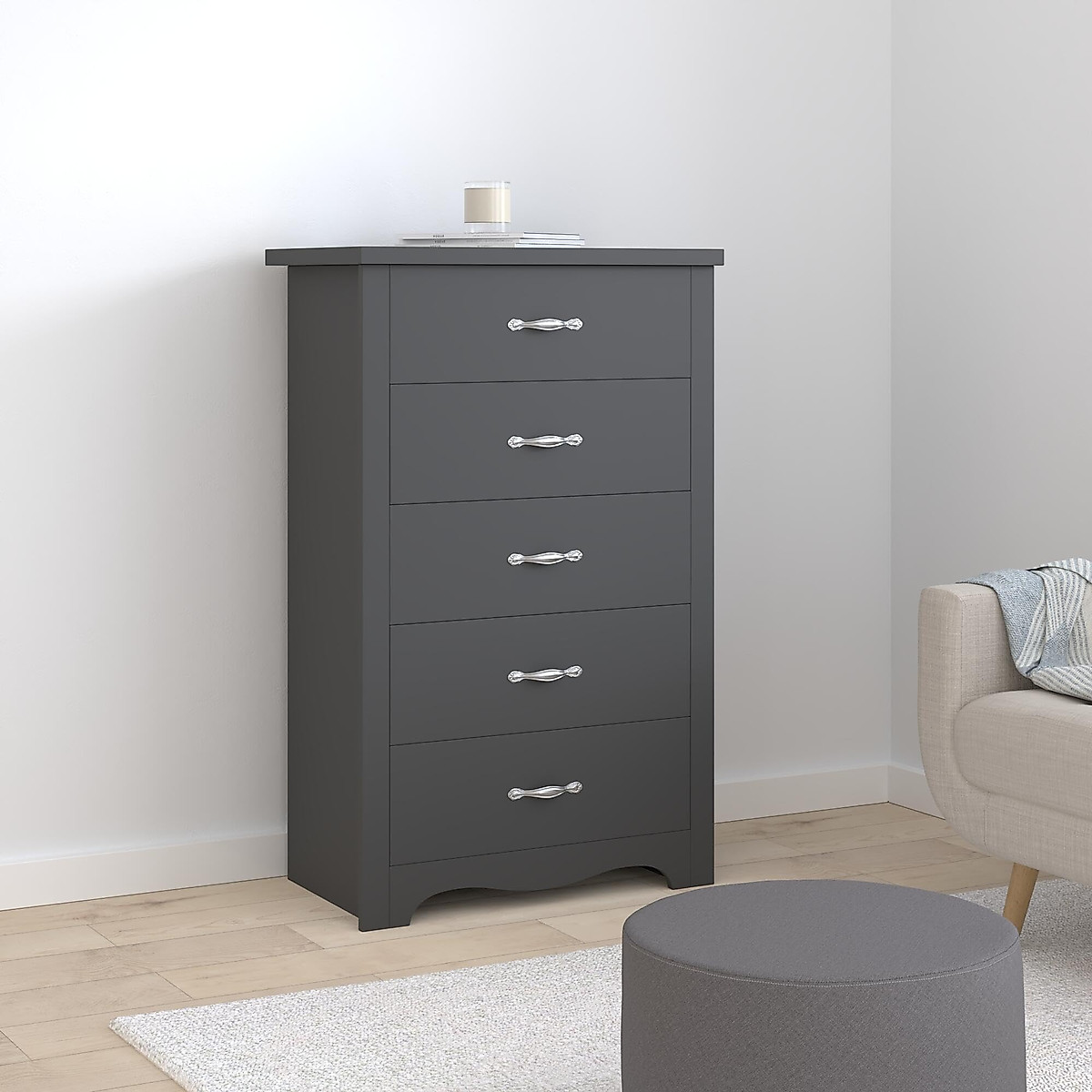 LINSY HOME 5 Drawer Dresser, Black Dresser for Bedroom, Modern Dresser Chest with Wide Drawers, Wood Storage Chest of Drawers for Nursery Kids Room Living Room