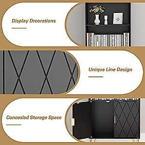 Anbuy Black Open Shelf Bookcase with Doors, Floor Standing Display Cabinet Rack with Gold Legs, Wooden Bookshelf for Home Decor Furniture for Home, Office, Living Room, Bedroom