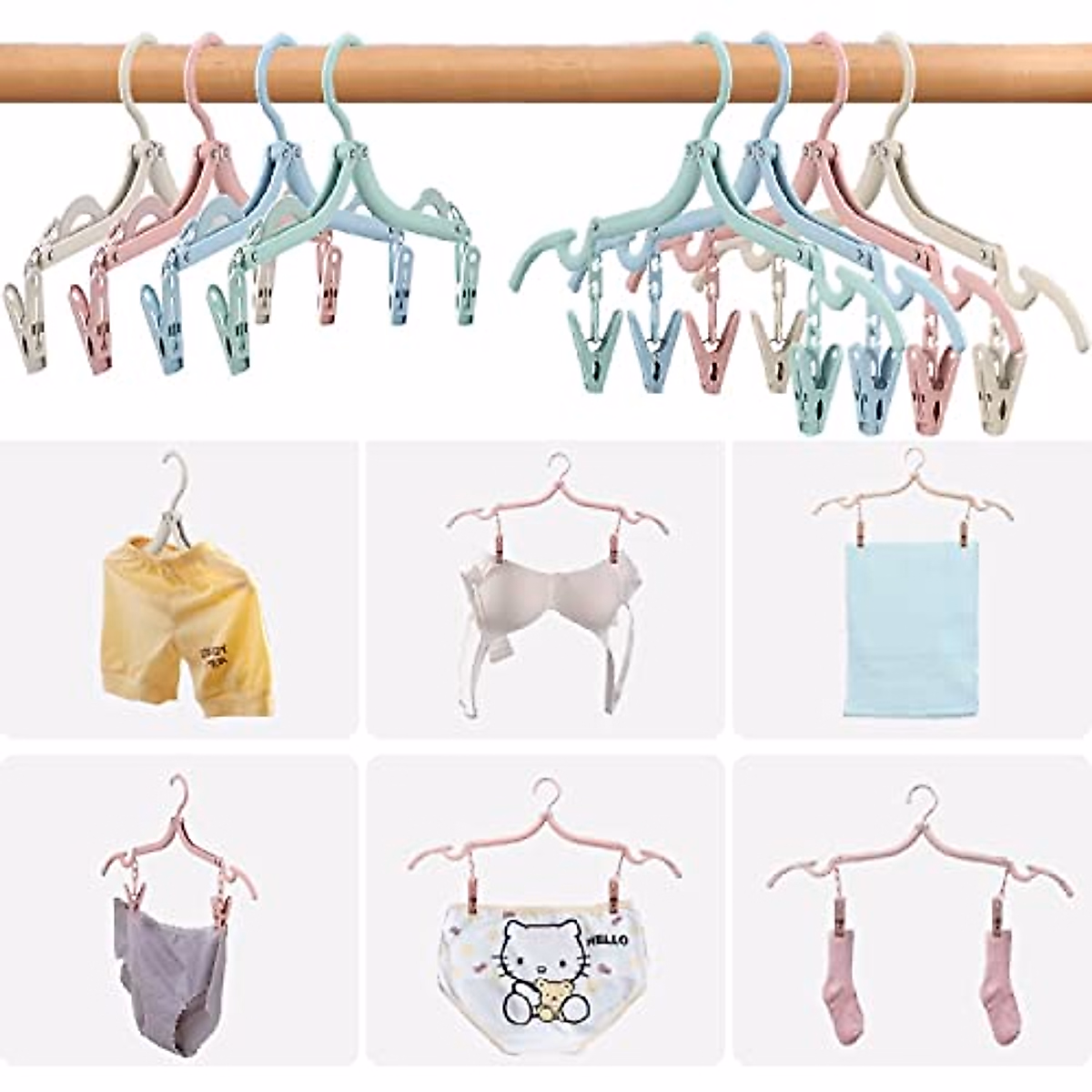12 Pieces Folding Travel Hangers, Folding Travel Hangers, Folding Hangers Lightweight Travel Accessories Folding Drying Racks for Family Outdoor Travel (4 Colors) (Hanger + Clip)