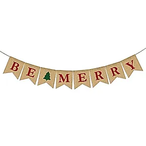 Partyprops Be Merry Burlap Banner | Christmas Burlap Banner | Christmas Tree Garland | Holiday Bunting | Home Garden Indoor Outdoor Banner | Natural Burlap Banner | Christmas Decor Decorations